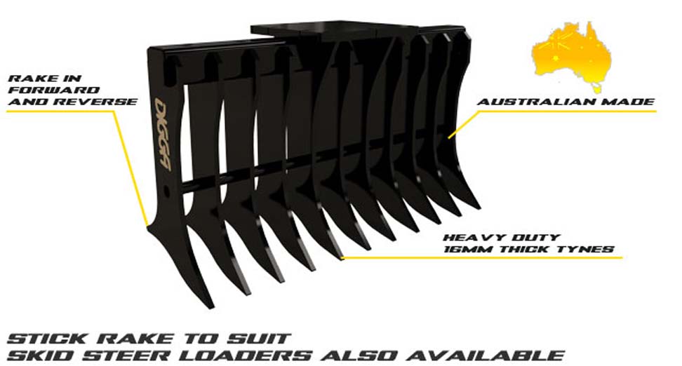 STICK RAKE - EXCAVATOR - 1200MM WIDE - 102MM TYNE SPACING Greaseworks